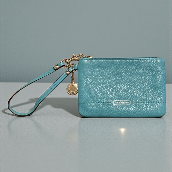 Coach | Bags | Coach Turquoise Leather Wristlet With Silver Coach Hang ...